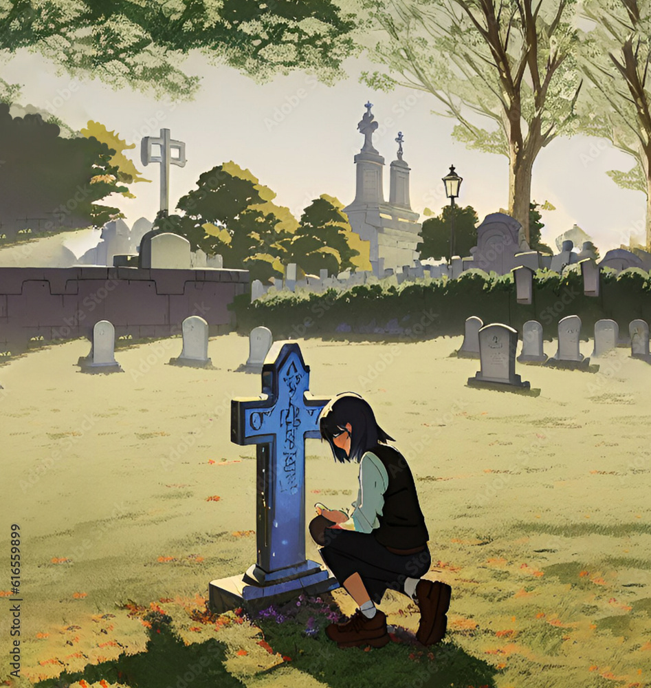 sad women in graveyard Stock Illustration | Adobe Stock