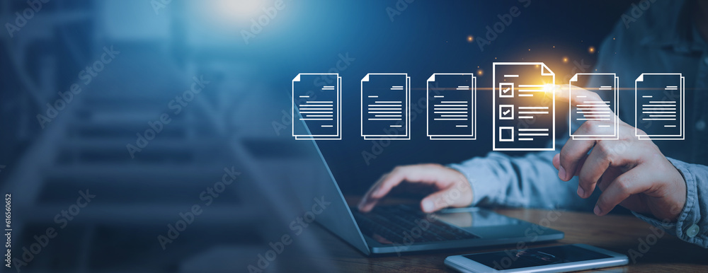 Businessman accuracy document management system concept. Checking mark ...