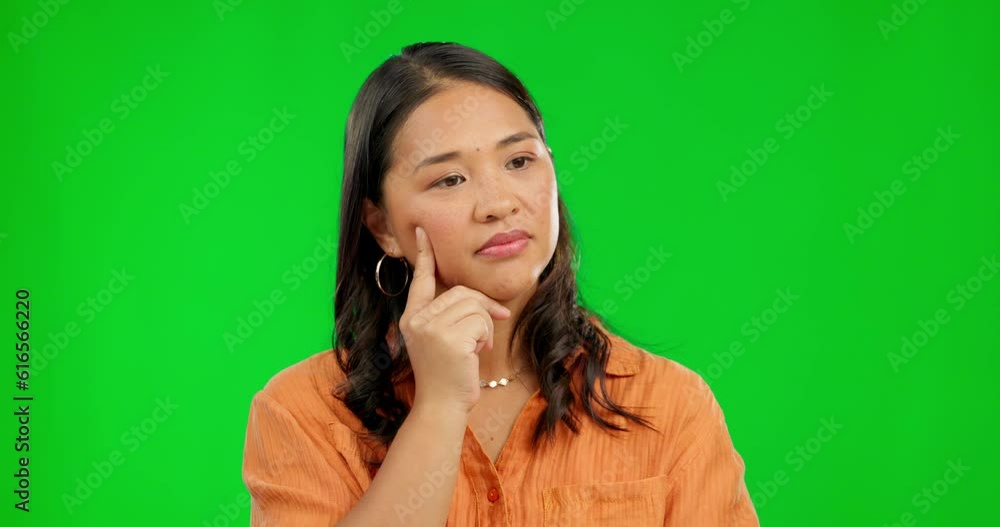 Green screen face, Asian woman and thinking of ideas, planning ...