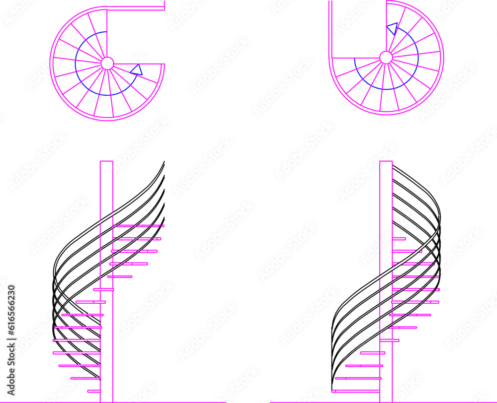 Vector illustration sketch of simple spiral staircase technical design ...