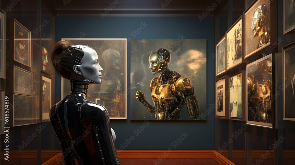 Humanoid girl robot looks at AI art paintings in futuristic museum. AI ...
