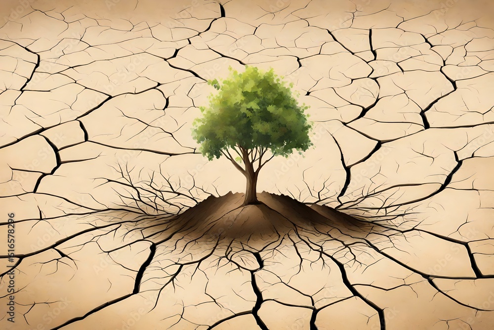Planting tree in drought crisis. Global warming, care of the ...