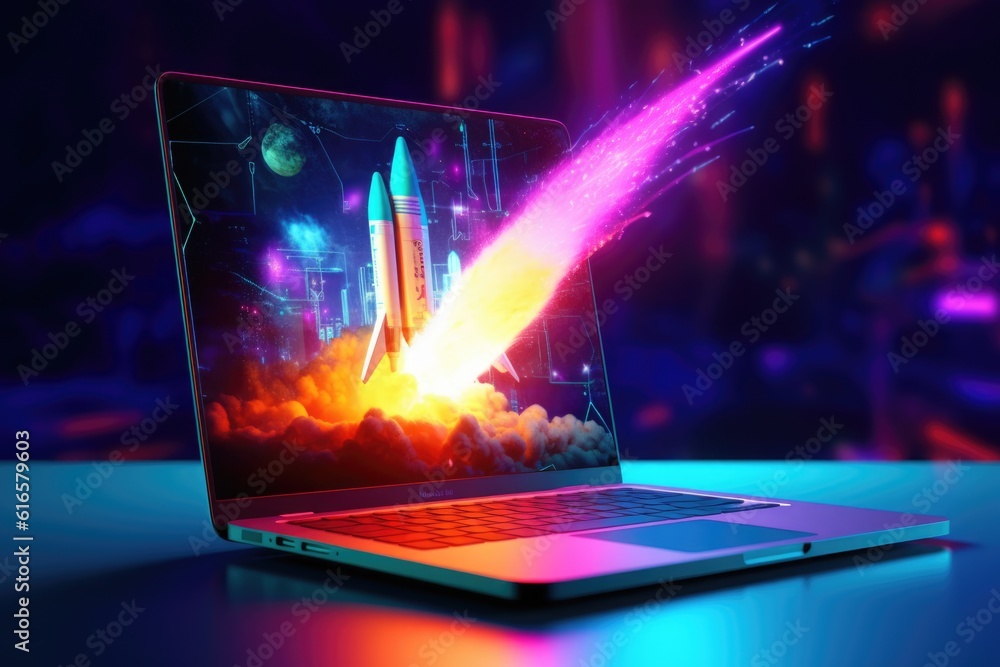 Rocket coming out of laptop screen neon light. beautiful Generative AI ...
