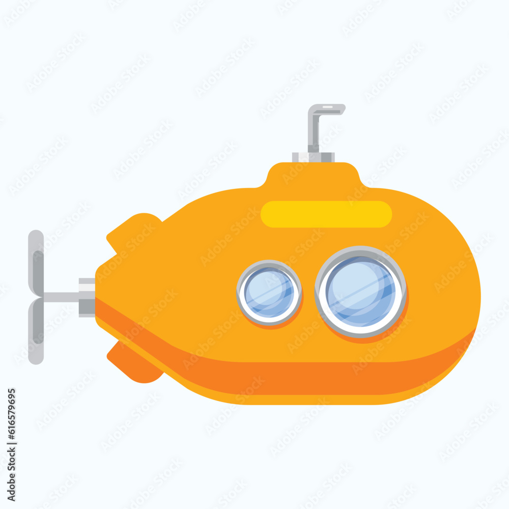 Submarine flat icon isolated on white background, an orange submarine with a porthole, sonar ...