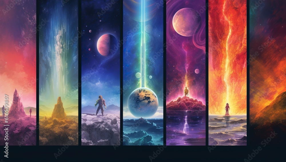 various planets standing side by side on walls, in the style of ...