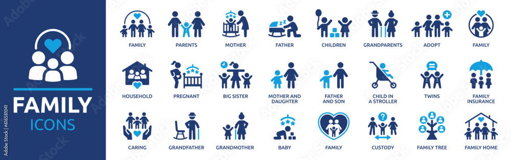 Family icon set. Containing parents, mother, father, children, baby ...