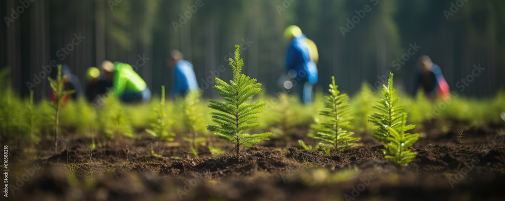 Planting new tree. planting new trees in an open area of a forest ...