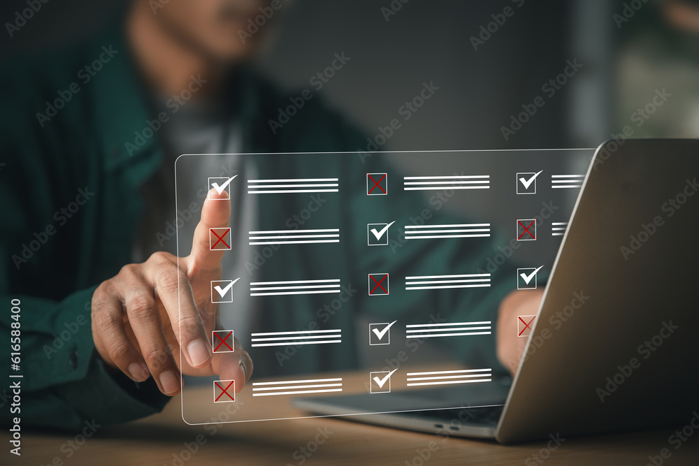 Performance checklist, businessman using checklist survey, filling out ...