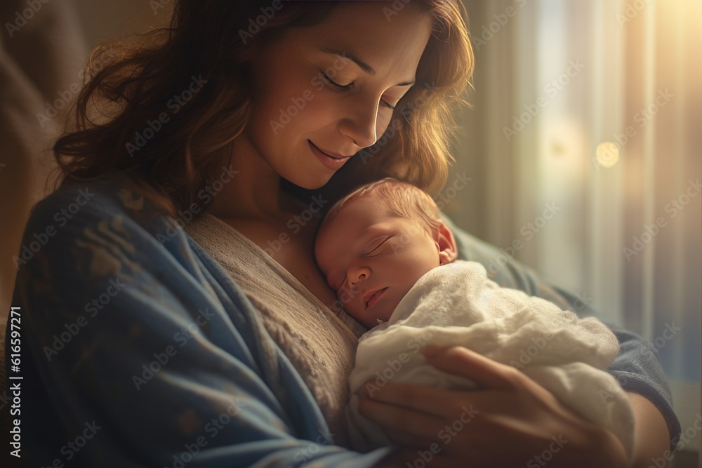 Mother hugging her baby with love and warmth at home, Newborn baby ...