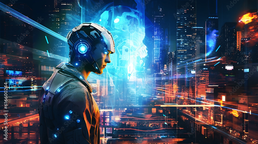 Cyborg man in night cyberpunk city. Futuristic man with huge buildings ...