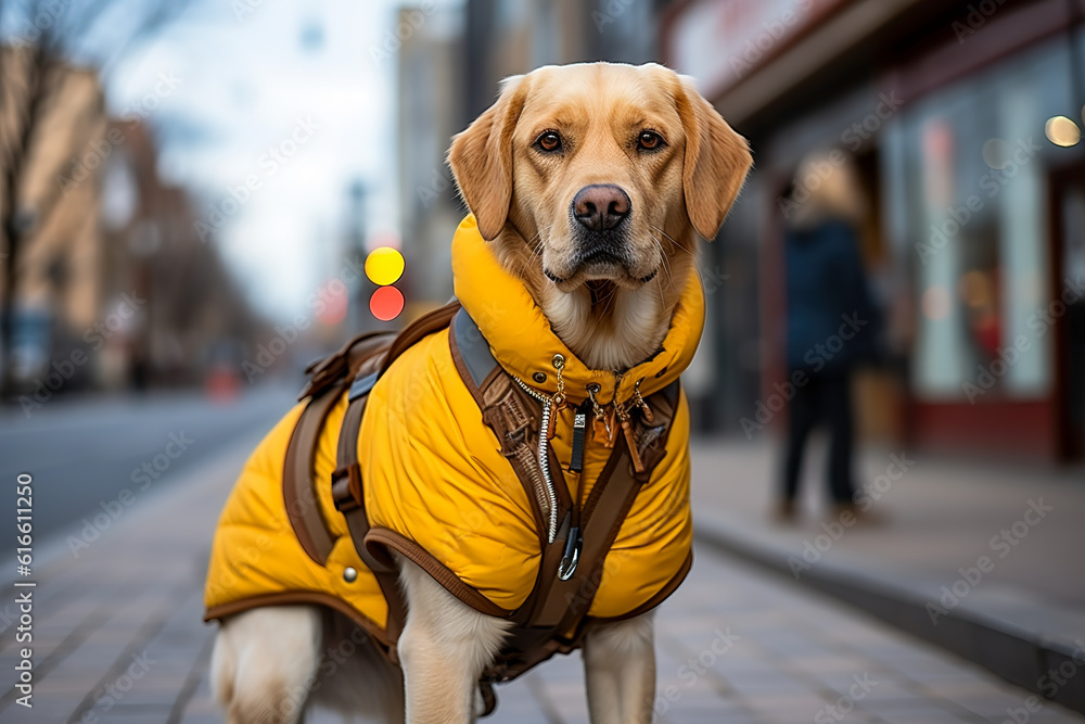 Guide dog in special equipment to help visually impaired people ...