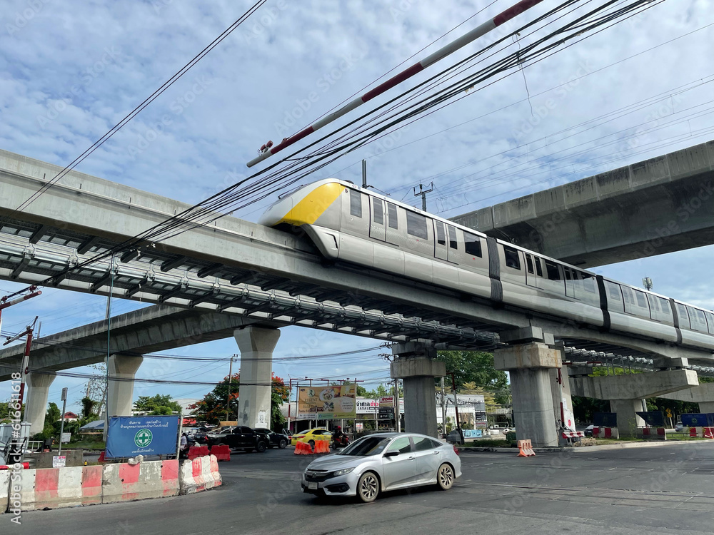 Bangkok, Thailand- June 24, 2023: Mass rapid transit or MRT yellow line ...