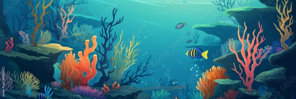 Underwater cartoon flat background with fish silhouette, seaweed, coral ...
