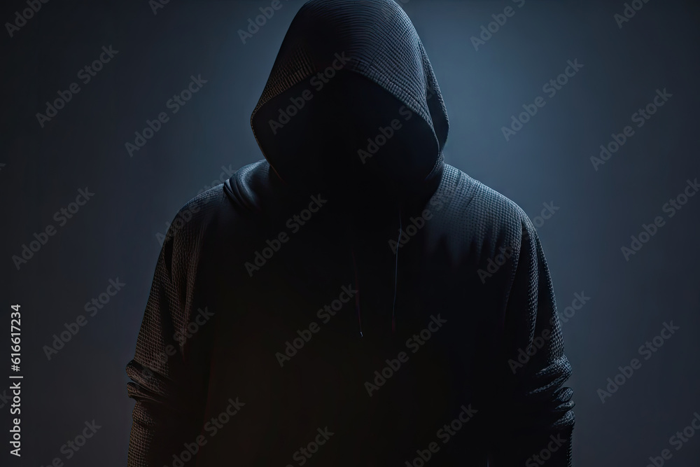 Mysterious man wearing black hoodie using laptop in the dark room ...