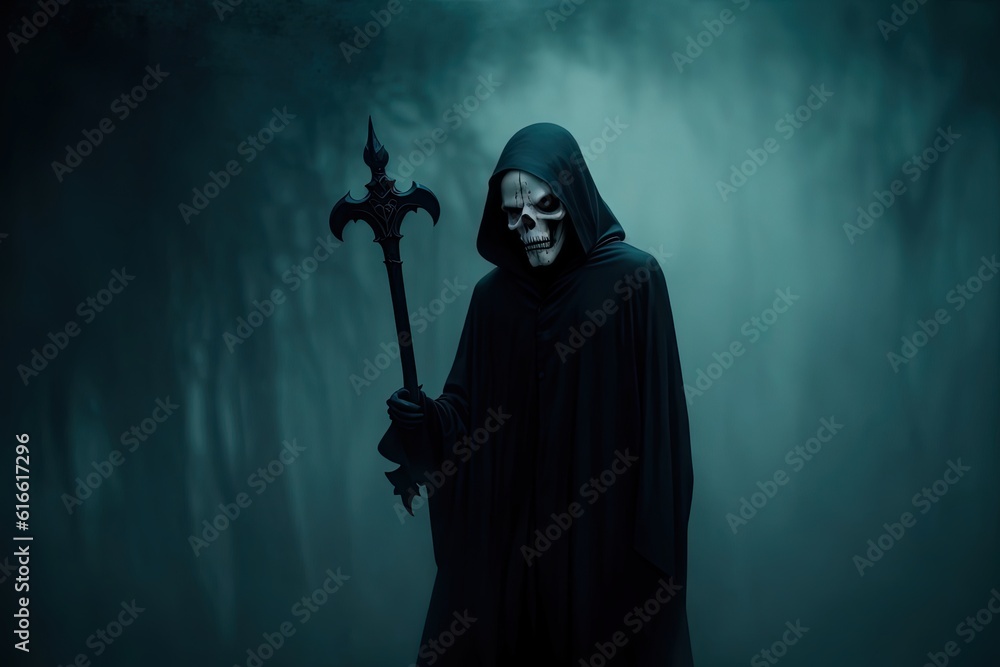 Grim reaper reaching towards the camera over dark, misty background ...