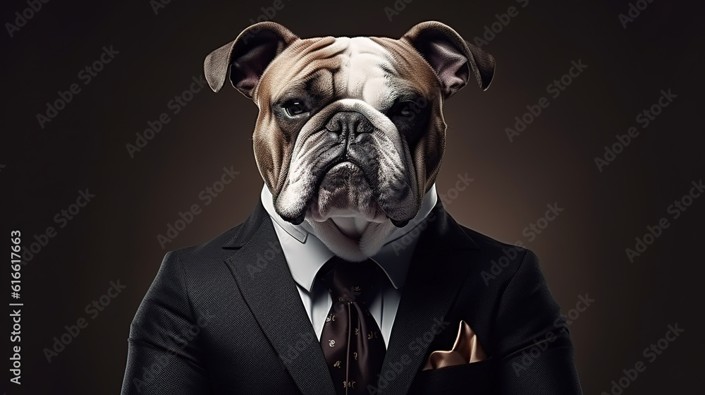Cool looking bulldog big boss wearing black suit isolated on dark ...