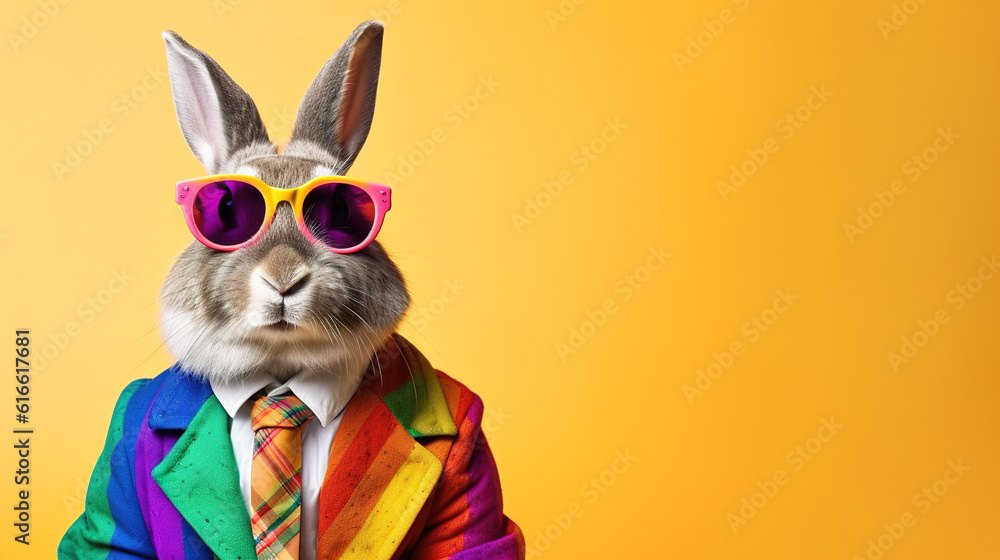 Cool looking rabbit wearing rainbow funky fashion suit, tie and ...