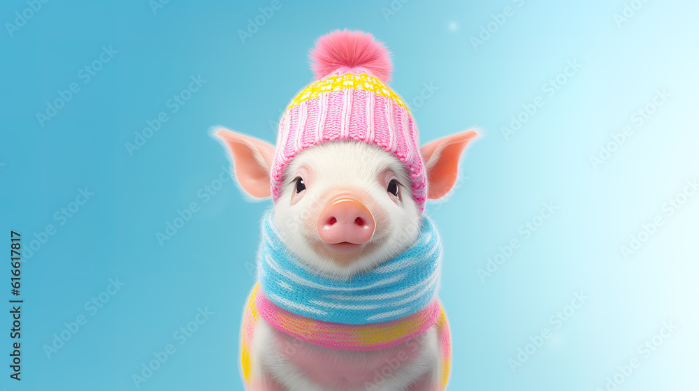 Cute little baby pig wearing Pom Pom Toque isolated on gradient light ...