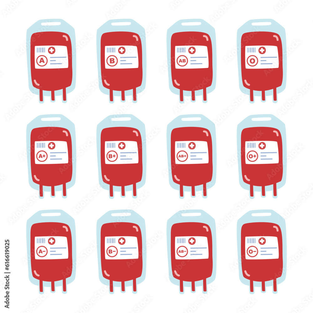 Blood types clipart cartoon style. Blood bags with different blood ...
