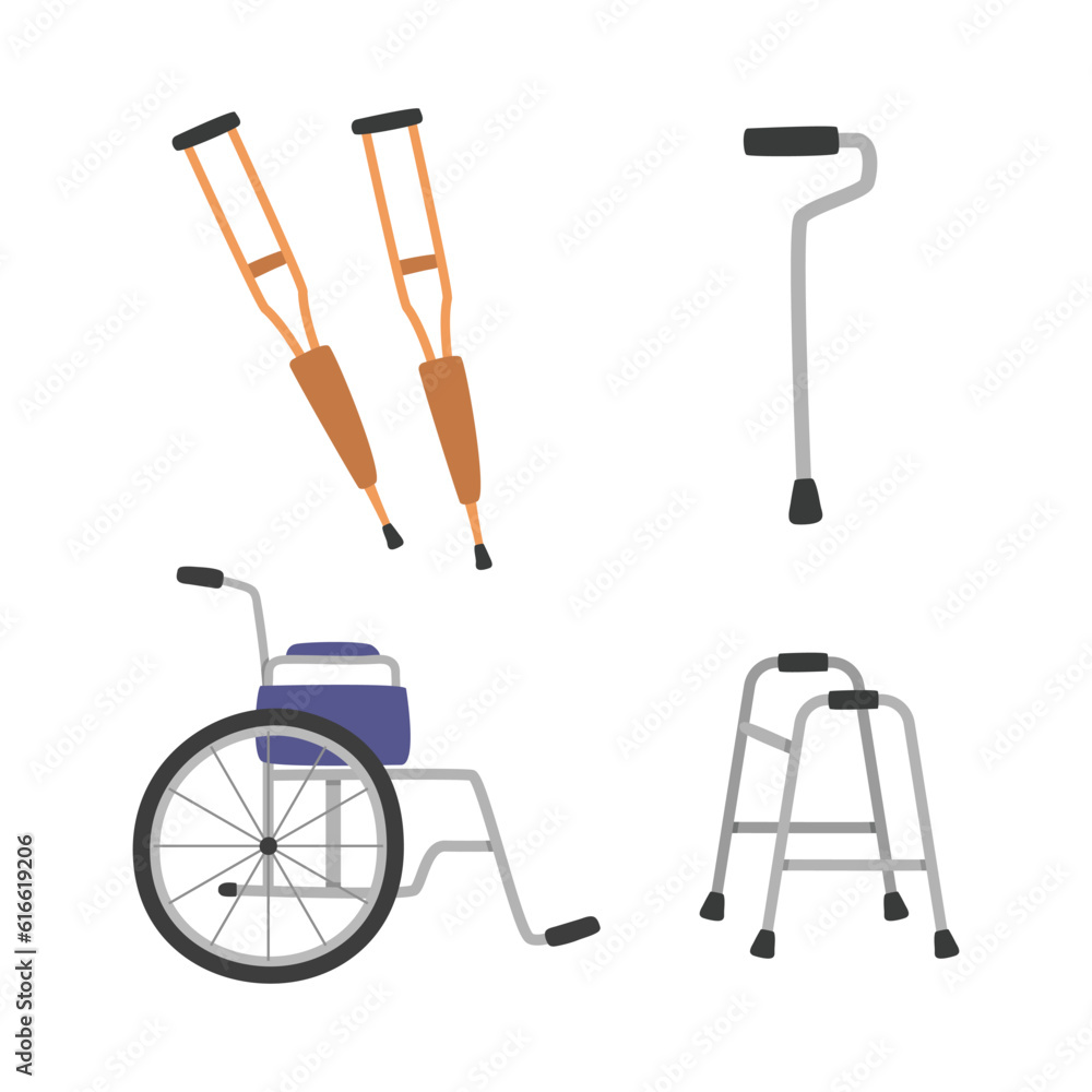 Set of rehabilitation tools clipart cartoon style. Crutch, cane ...