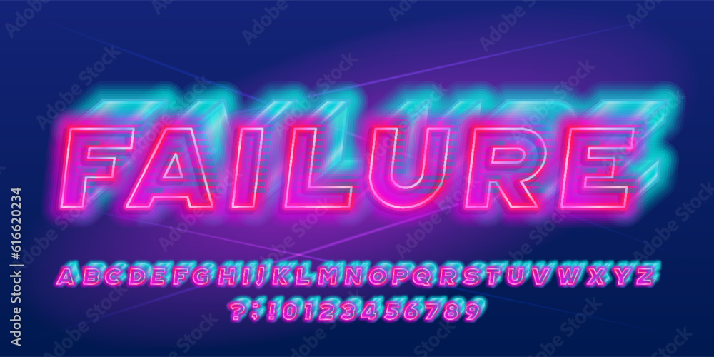 Failure alphabet font. Neon futuristic letters and numbers. Stock ...