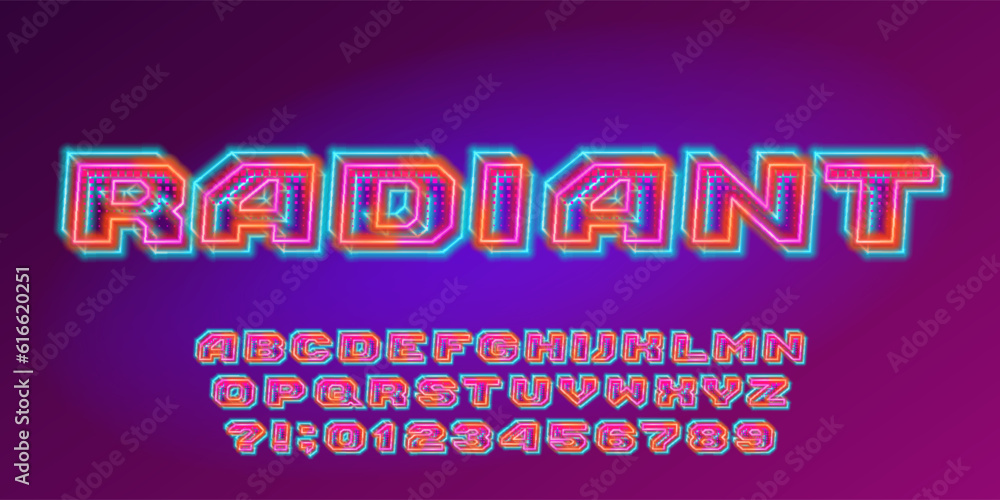 Radiant alphabet font. Colorful neon light letters and numbers. Stock ...