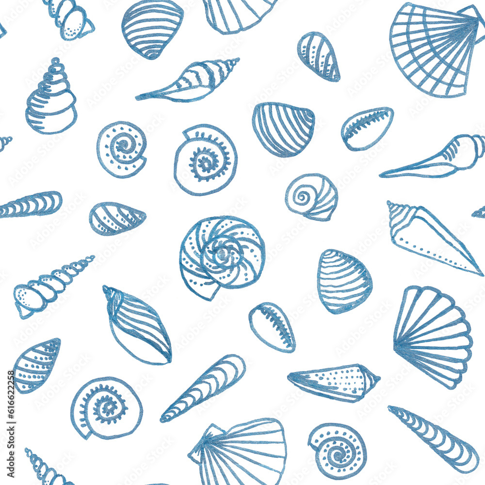 Hand drawn line art different shaped seashells as summer sea vacation ...