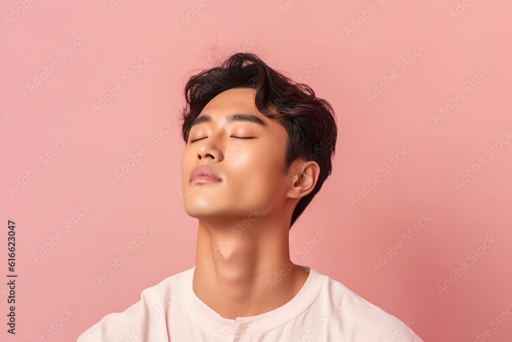 Handsome young asian man with clean fresh skin on pink background ...