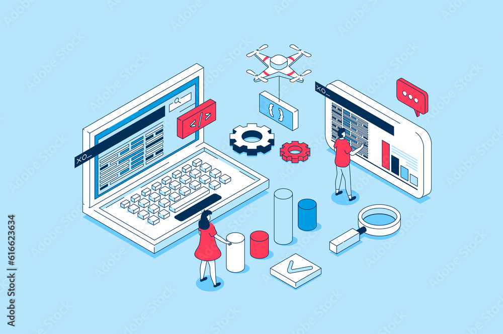 DevOps concept in 3d isometric design. People working with computers ...