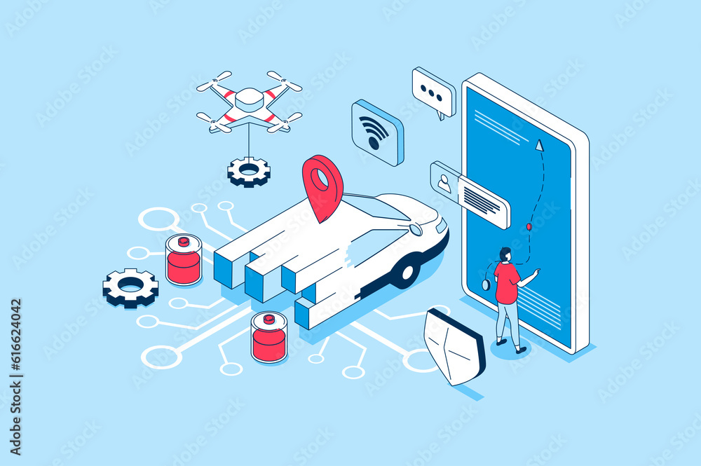 Smart car concept in 3d isometric design. People managing of autonomous ...