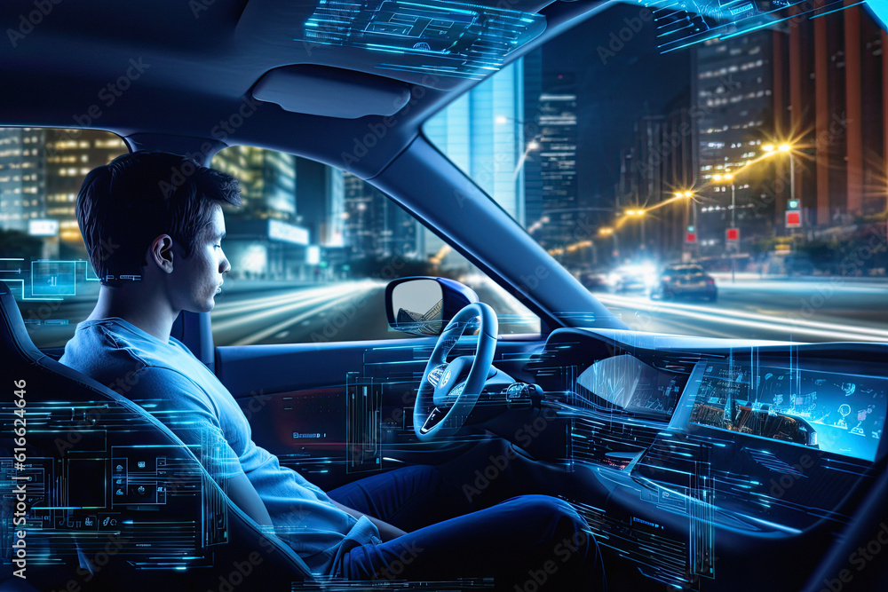 Self-driving autonomous car with relaxed young man sitting at driver ...