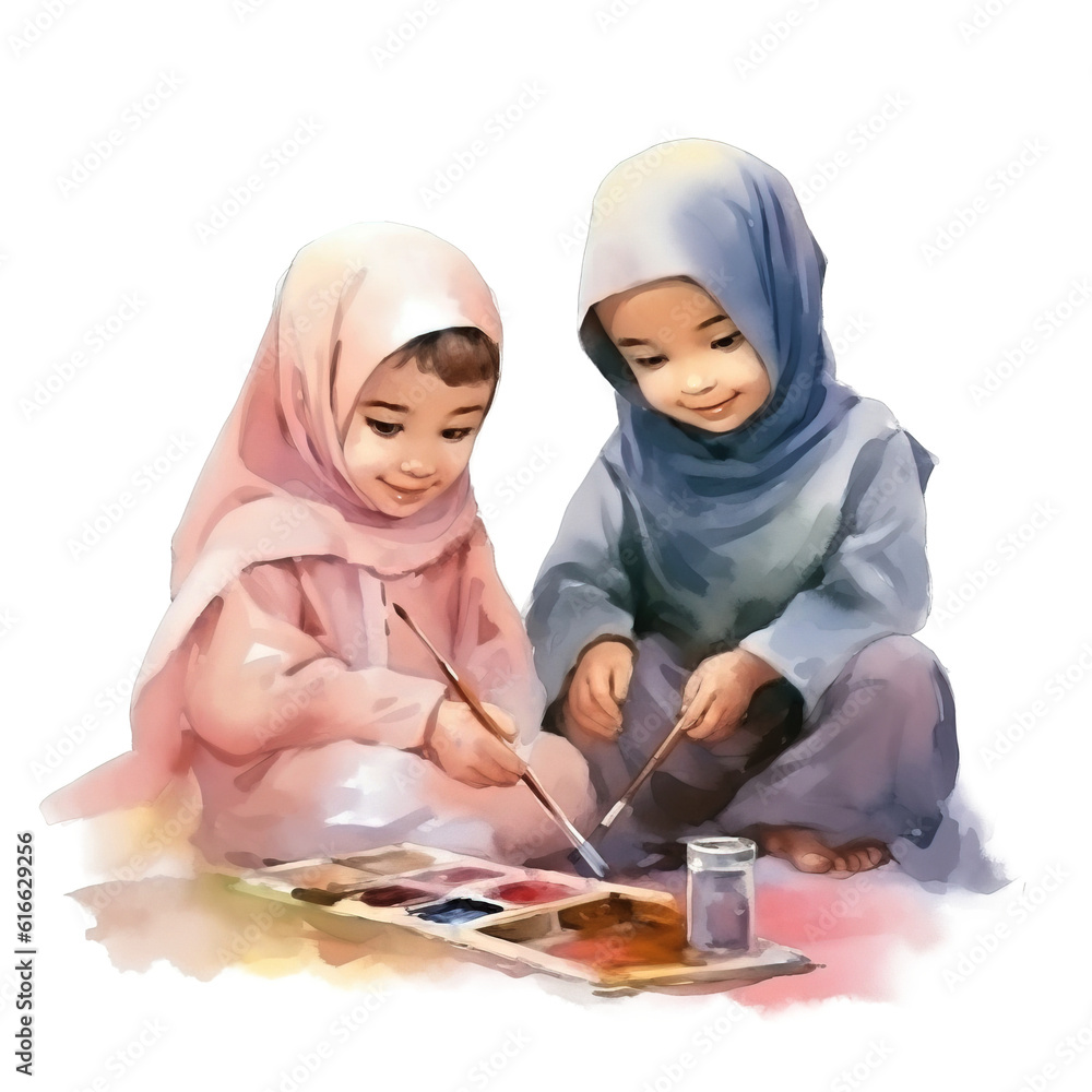 Muslim baby drawing, watercolor, PNG background Stock Illustration ...