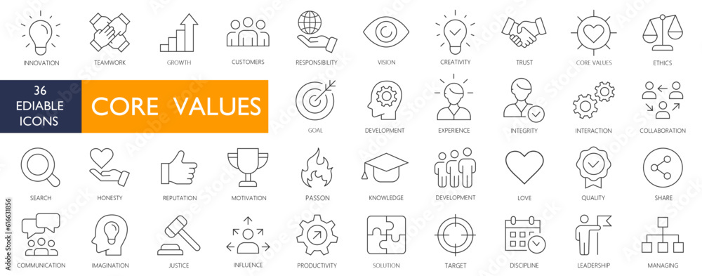 core values icons set vector illustration thin line with editable fill on white background ...