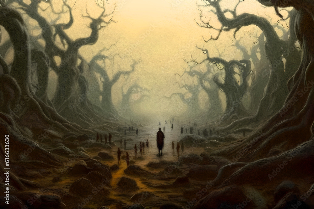 dead mangled trees and tiny people in polluted wasteland doomsday world ...