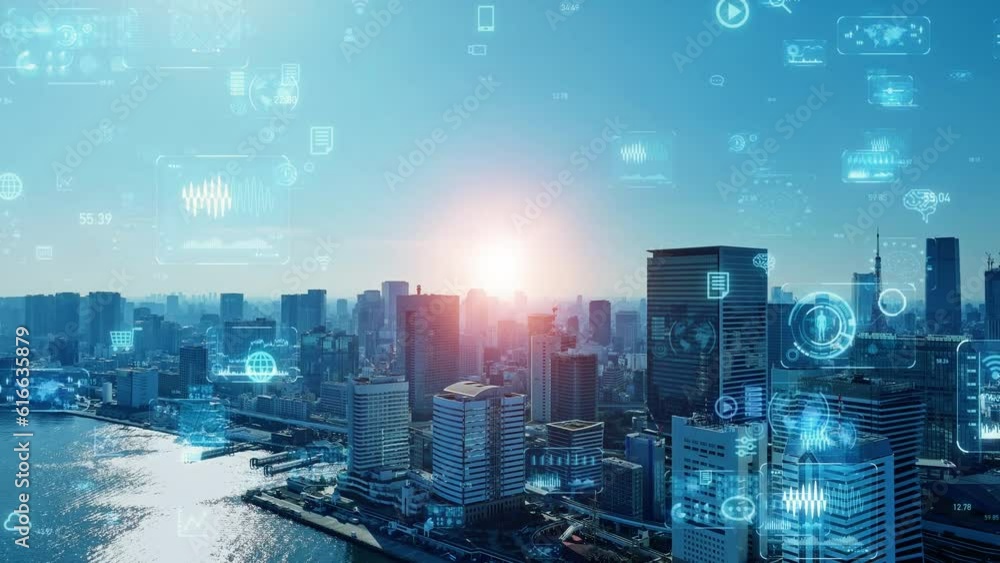 Modern cityscape and digital technology concept. Smart city. Digital ...