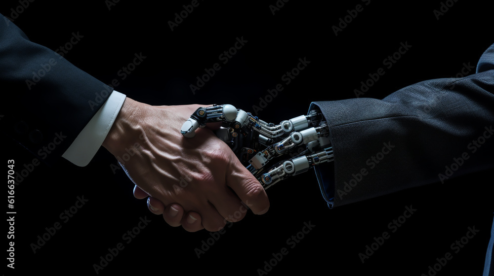 Robot and businessman hands in handshake. Business handshake between ...