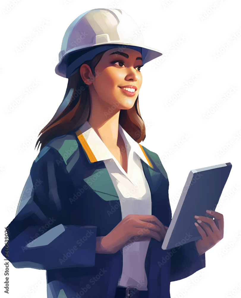 Drawn woman engineer wear suit and white helmet working with digital ...