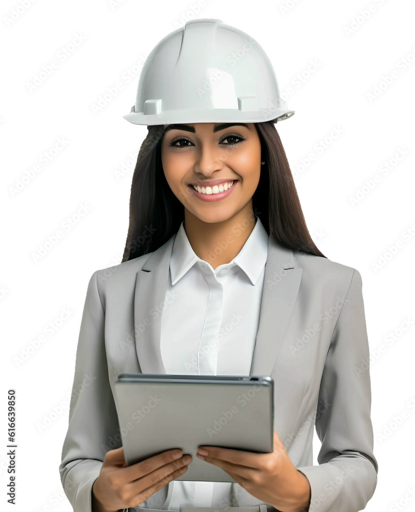 Woman engineer wear grey suit and white helmet working with digital ...