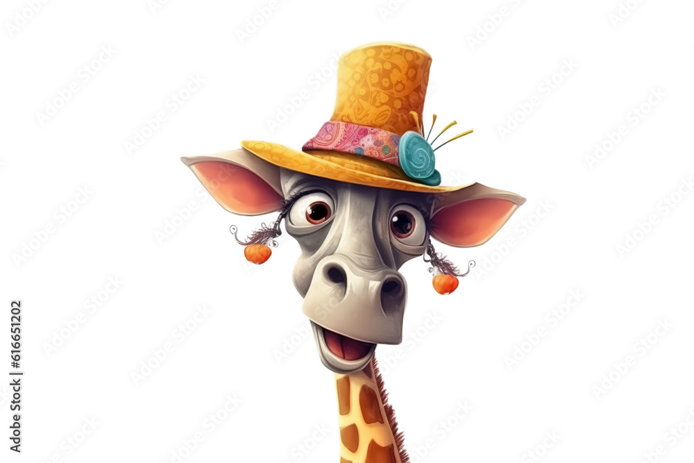 Cute and funny cartoon portrait of giraffe woman head in nice hat and ...