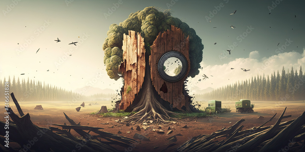 Poster Deforestation warning sign in a forest - Generative AI – Wall ...