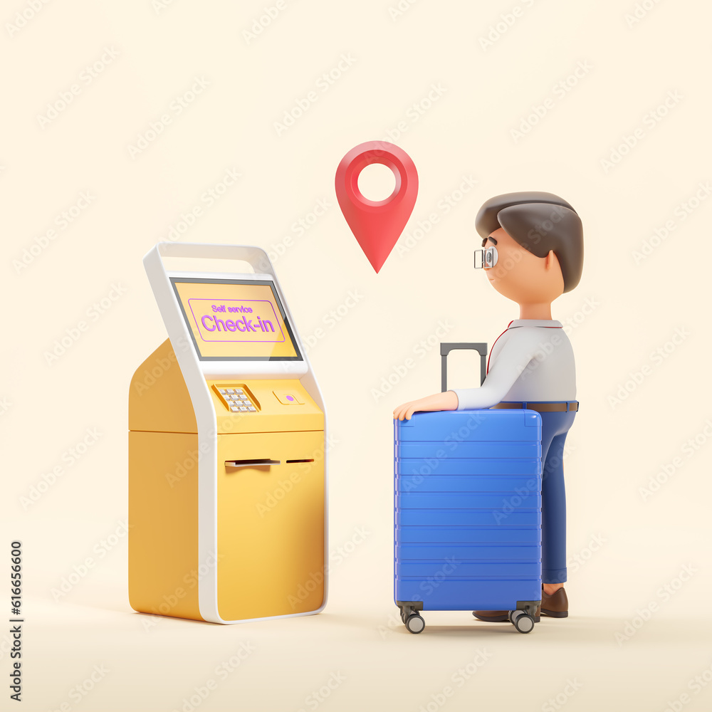 3d rendering. Cartoon man and self-service check-in terminal with ...