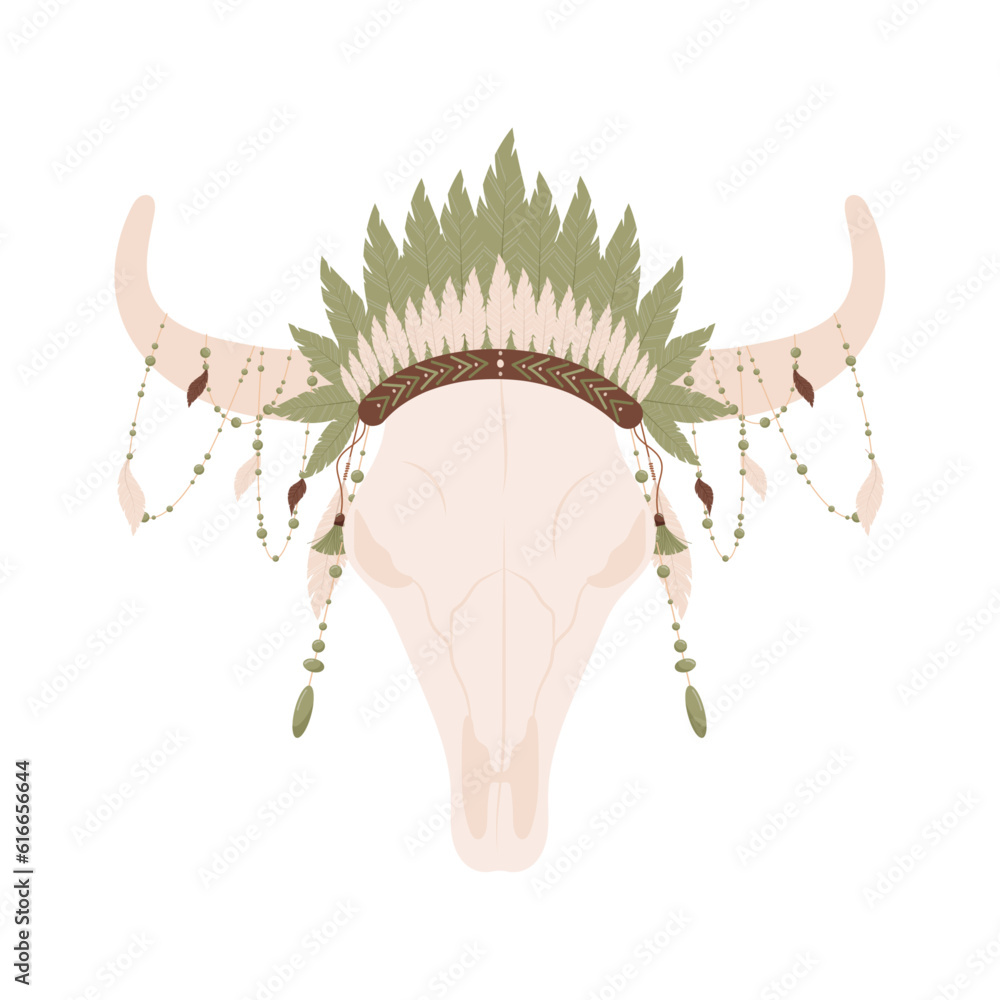 Bull skull with a crown of feathers and beads in a boho style. Skull ...
