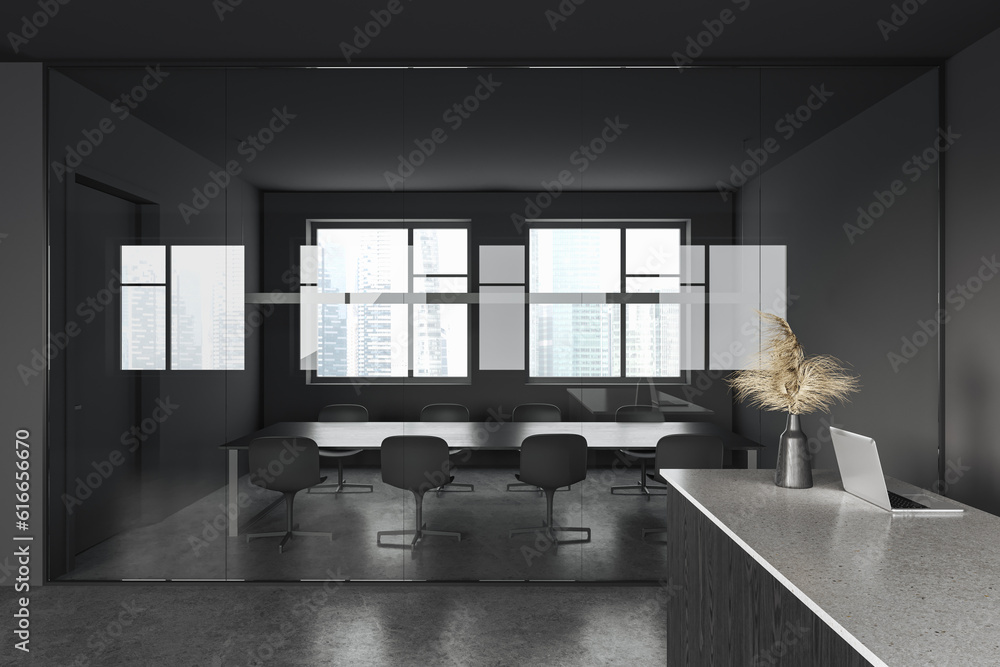 Dark reception interior desk with conference room and panoramic window ...