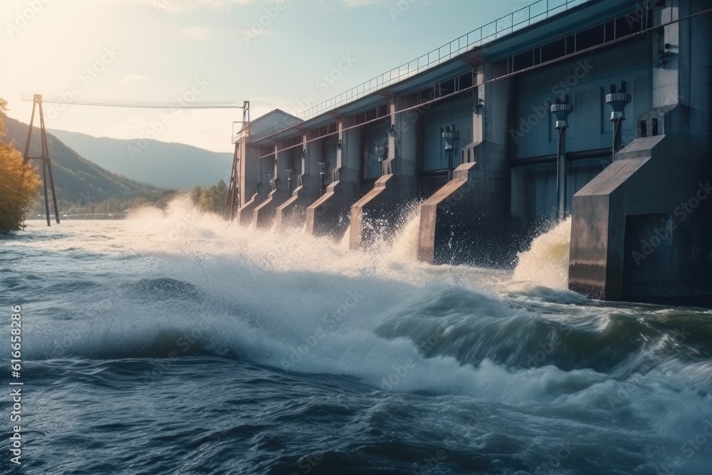 hydroelectric power plant with water flowing through the turbines ...