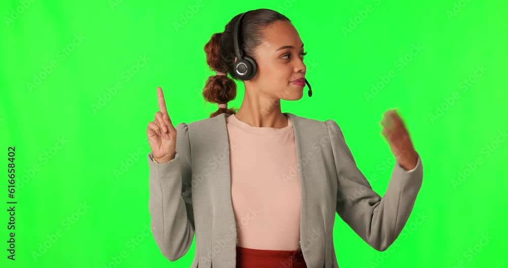 Face, call center and woman show, green screen and telemarketing agent ...