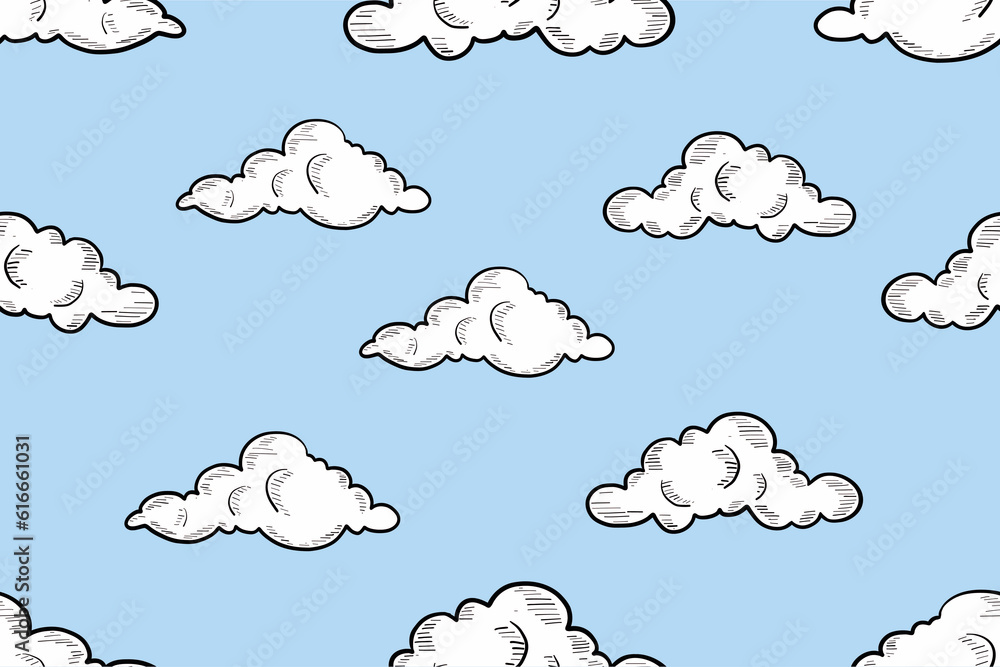 Vector Hand Drawn Style Clouds Seamless Pattern on White Background ...
