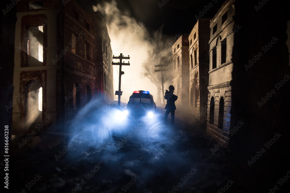 Police raid at night and you are under arrest concept. Silhouette of ...