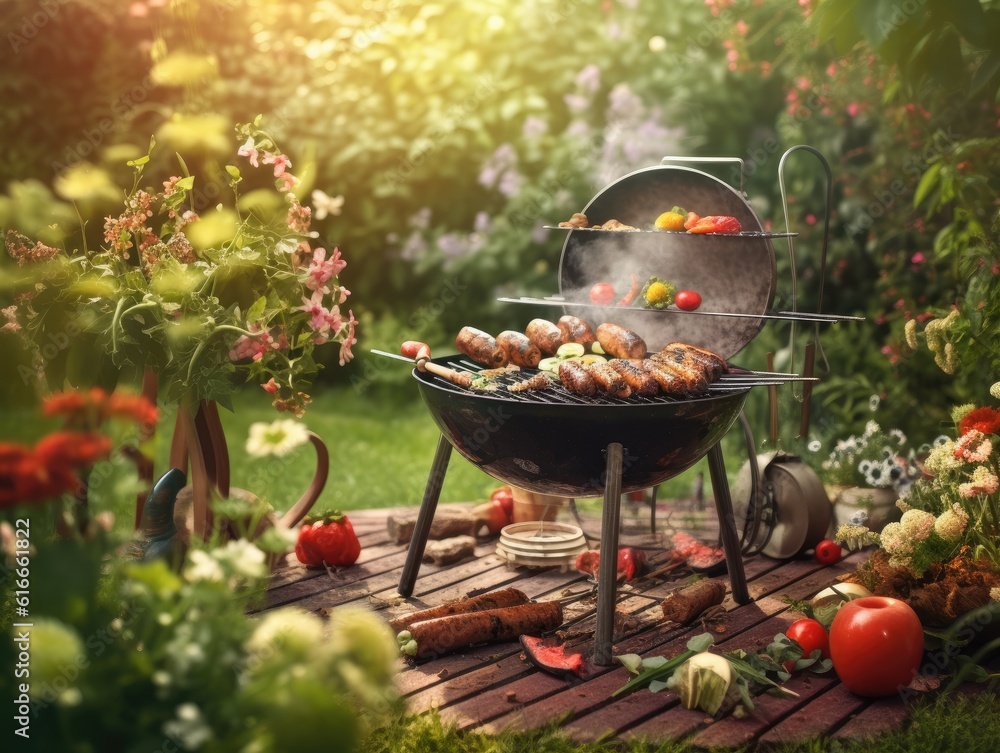 Cartoon-style barbecue in nature with smoking meat on grill grate Stock ...