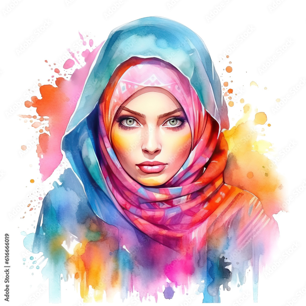 Muslim girl portrait, watercolor, PNG background Stock Illustration ...