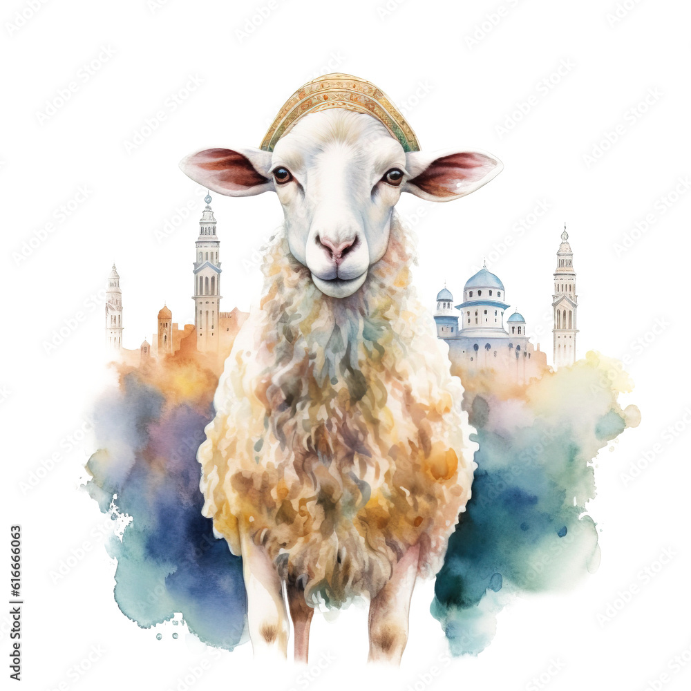 Muslim sheep portrait, watercolor, PNG background Stock Illustration ...
